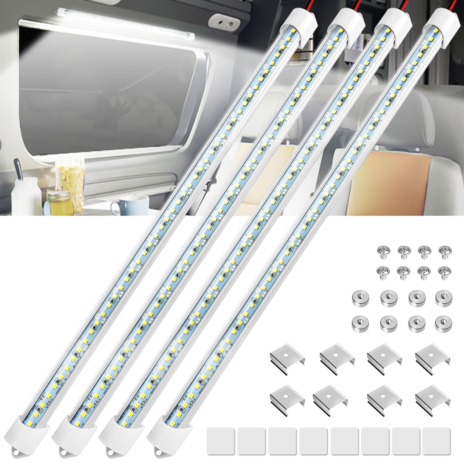 Linkstyle 4PCS 12V LED Interior Light Bar, 192LEDs 12V LED Light Strip with Switch, 6500K Slim Car Interior Lights for Car Truck RV Boat Cabinet