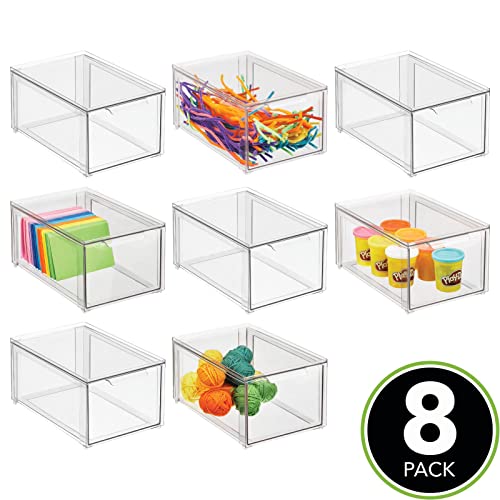 mDesign Plastic Stackable Drawer Organizer Storage Bin with Front Handle - Holder for Crafts, Sewing, Hobby, Art Supplies in Home, Classroom, Office, or Studio - Lumiere Collection, 8 Pack - Clear