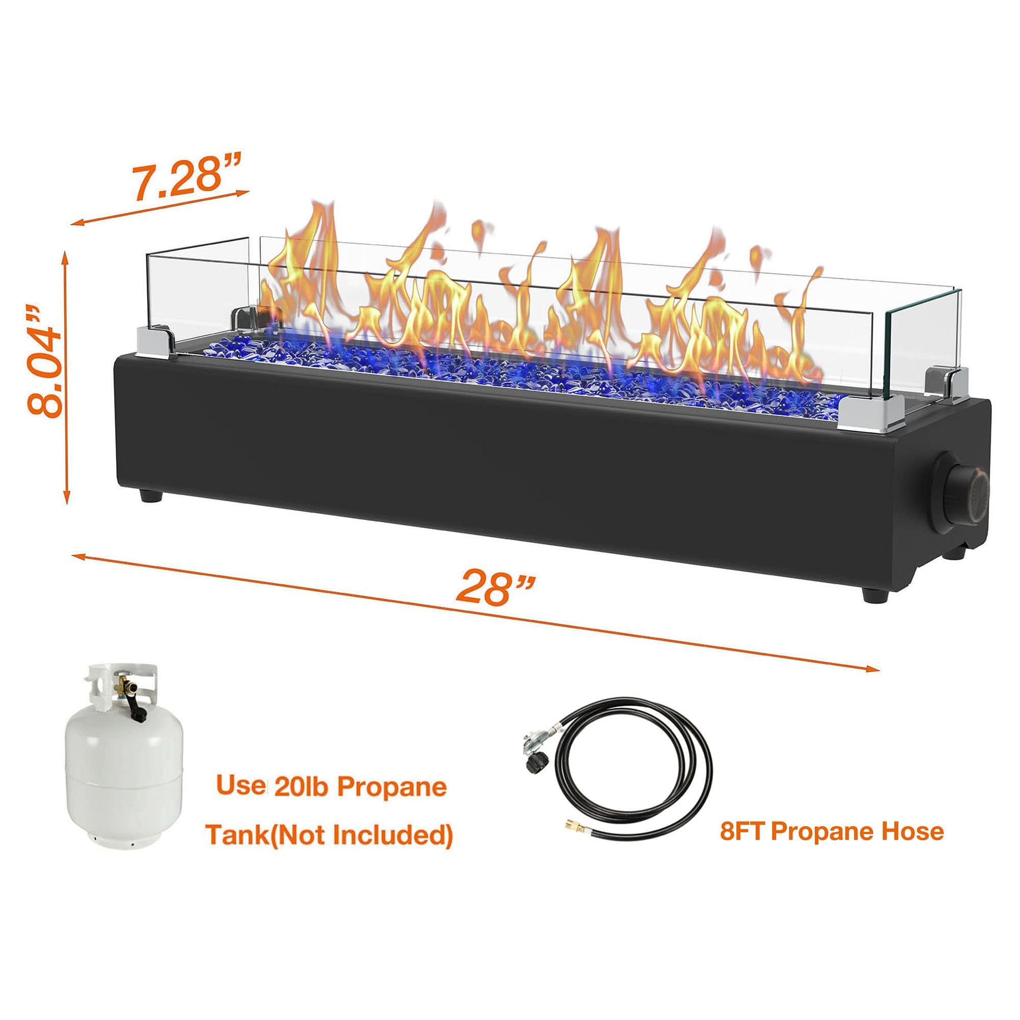 BAIDE HOME 28-inch Table Top Propane Fire Pit, 40,000 BTU Tabletop Firepit for Patio, Outdoor Portable Fireplace Rectangular Fire Bowl w/Wind Glass Shield, Glass Rocks - Black