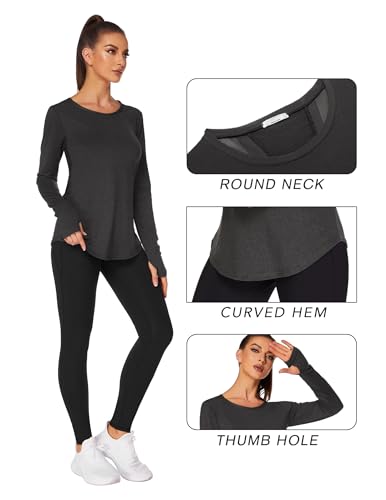 PINSPARK Long Sleeve Workout Tops for Women Yoga Shirts Moisture Wicking Gym Top Athletic Clothes with Thumbholes Black L