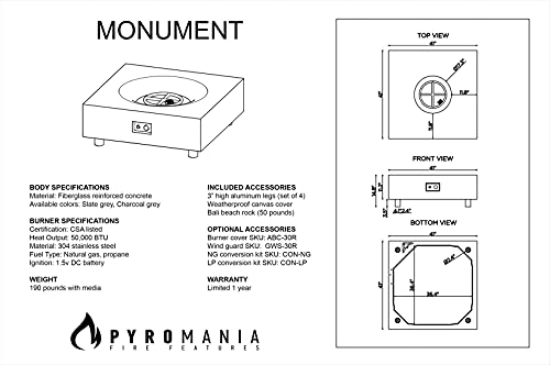 Pyromania Monument Outdoor Concrete Fire Pit Table, 41 x 41 Inches - Natural Gas Model in Charcoal Gray Color