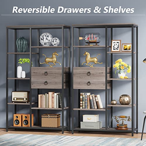 LITTLE TREE Reversible Bookshelf with 2 Drawers, 5 Tier Tall Bookcases Wood Open Bookshelves Display Book Shelf Decorative Storage Shelves for Living Room Bedroom, Black Rustic Gray