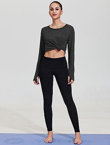 PINSPARK Long Sleeve Workout Tops for Women Yoga Shirts Moisture Wicking Gym Top Athletic Clothes with Thumbholes Black L