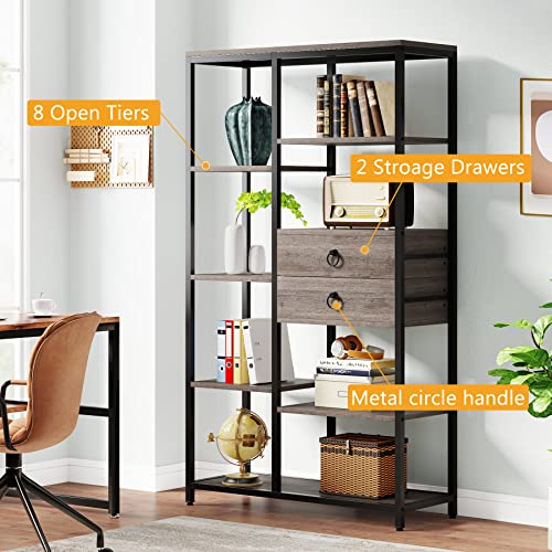 LITTLE TREE Reversible Bookshelf with 2 Drawers, 5 Tier Tall Bookcases Wood Open Bookshelves Display Book Shelf Decorative Storage Shelves for Living Room Bedroom, Black Rustic Gray