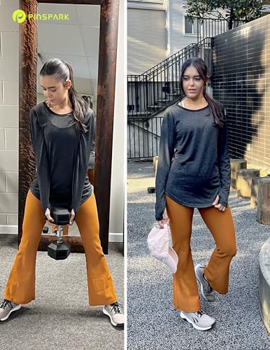 PINSPARK Long Sleeve Workout Tops for Women Yoga Shirts Moisture Wicking Gym Top Athletic Clothes with Thumbholes Black L