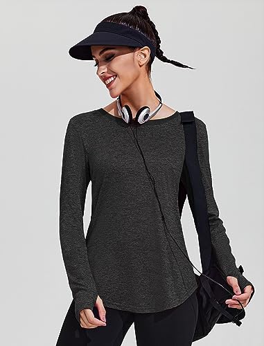 PINSPARK Long Sleeve Workout Tops for Women Yoga Shirts Moisture Wicking Gym Top Athletic Clothes with Thumbholes Black L