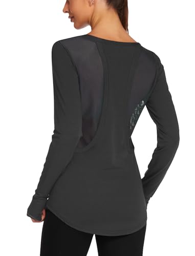 PINSPARK Long Sleeve Workout Tops for Women Yoga Shirts Moisture Wicking Gym Top Athletic Clothes with Thumbholes Black L