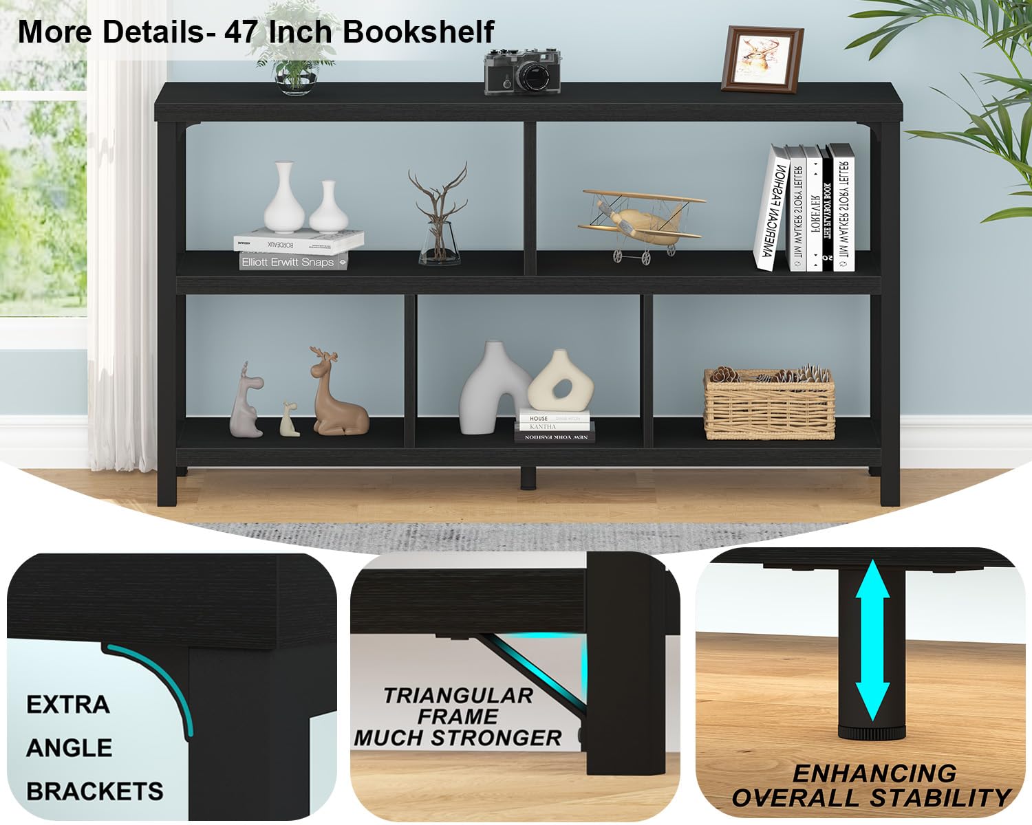 IBF Horizontal Cube Book shelf, Industrial Modern Open Bookshelf, Low Wide Home 5 Cube Storage Organizer Long Shelf for Bedroom, Short Wood and Metal Cubby Book Shelf for Living Room, Black Oak, 47 In