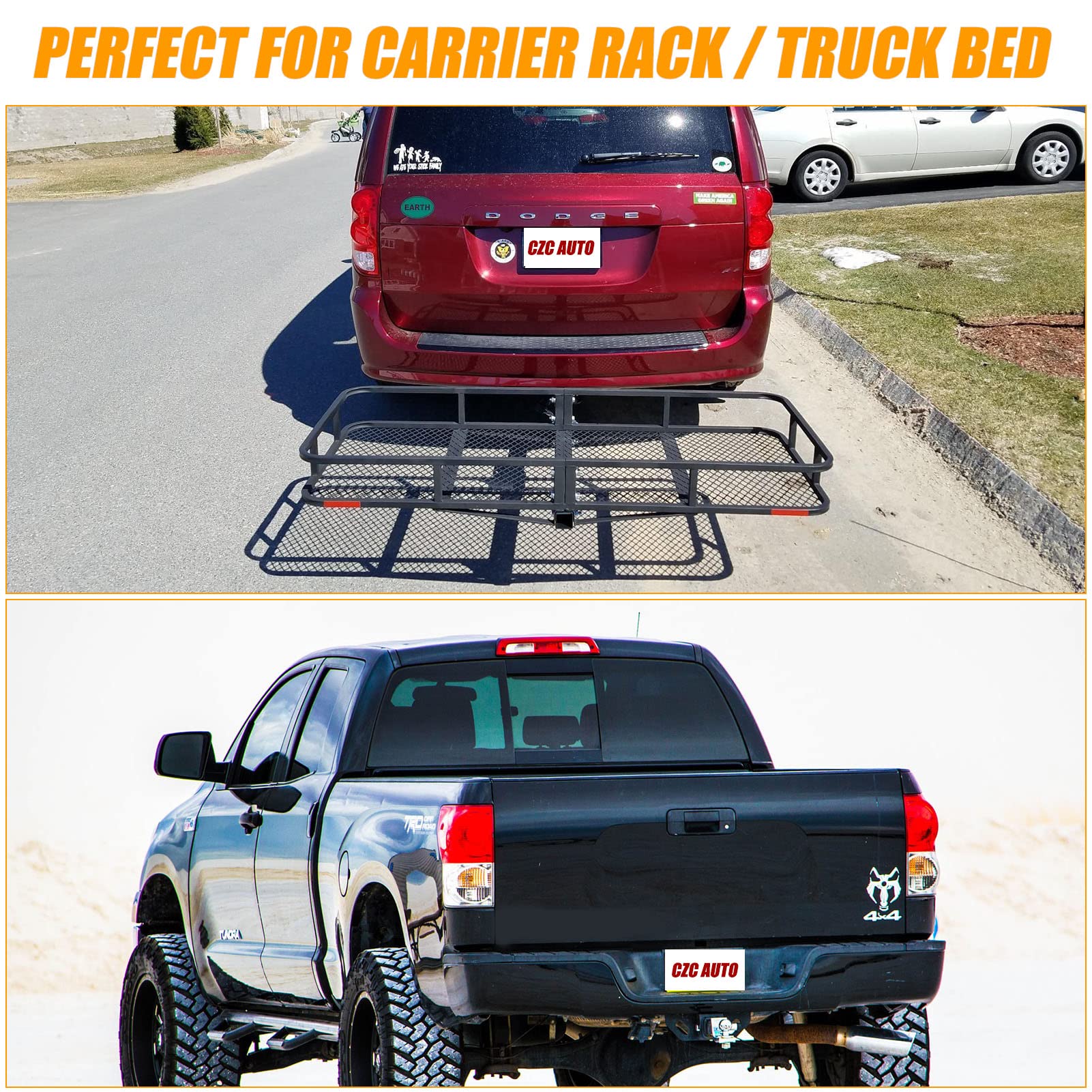 CZC AUTO Hitch Cargo Carrier Bag, 20 cu. ft Waterproof/Rainproof/Weatherproof Cargo Traveling Bag for Car Truck SUV Vans' Hitch Tray and Hitch Basket, Safe Steady Durable Soft, Black-Orange