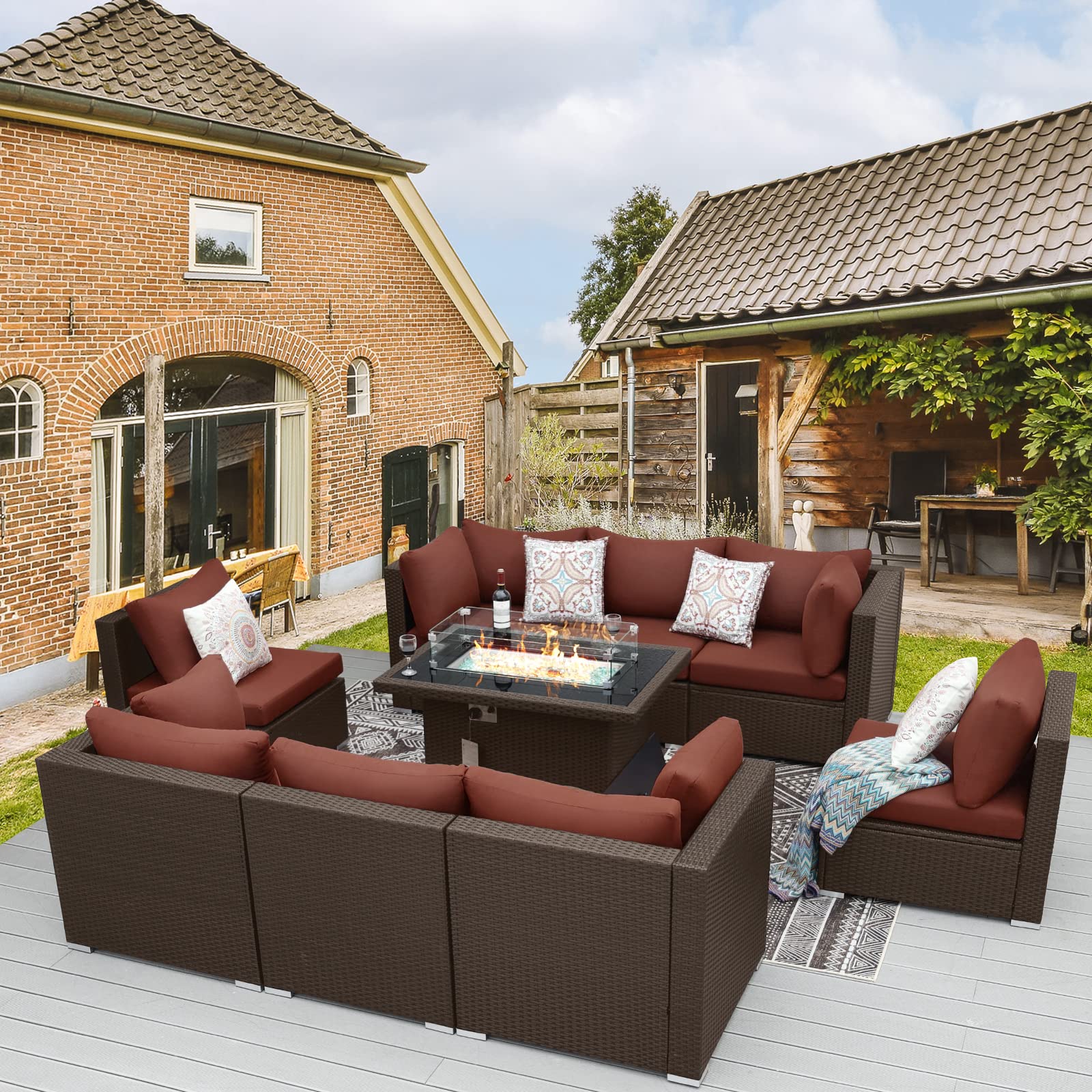 BULEXYARD High Back Brown PE Rattan Outdoor Patio Furniture Set with Propane Fire Pit Table, Large Wicker Outside Sectional Furniture Sofa Conversation Sets for Backyard(Dark Red, 9Pcs-B)