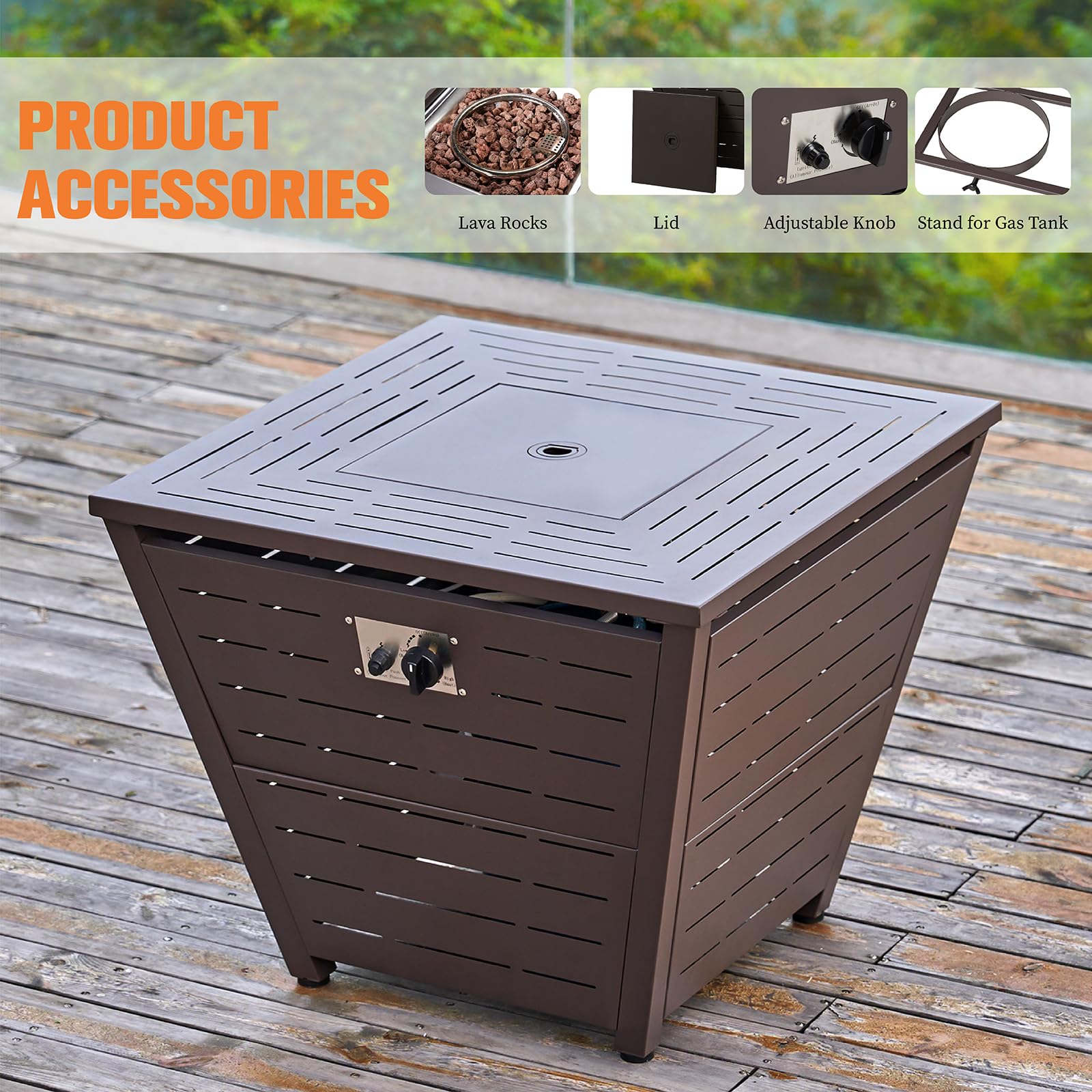PaPaJet 32" Propane Fire Pit Table, 50,000 BTU Square Gas Firepit Table with Lid and Lava Rock, Great for Outdoor Garden Backyard Patio, Brown