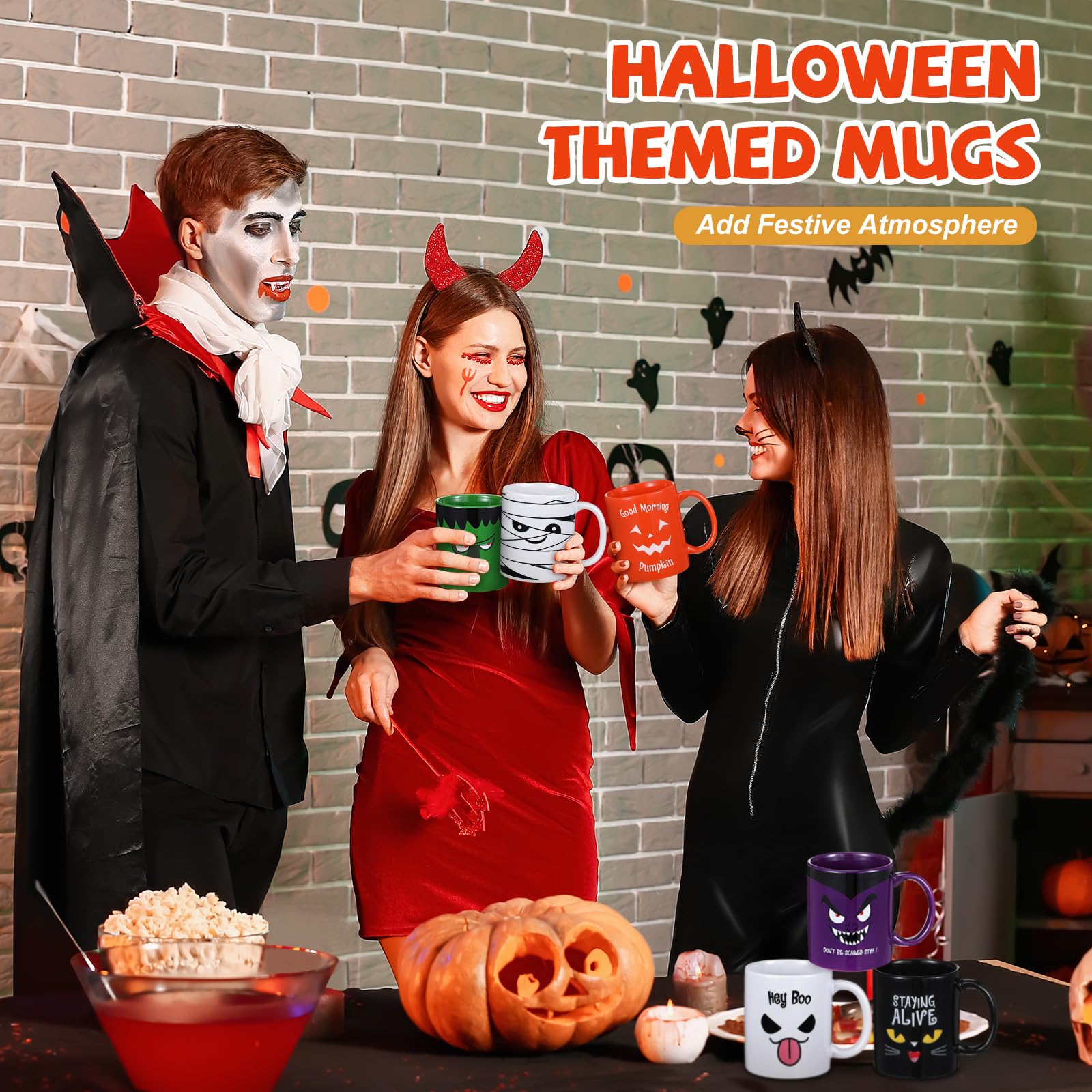 Lallisa 6 Pieces Halloween Mug Set 13 oz Pumpkins Cats Ghosts Ceramic Coffee Matching Mugs for Halloween Home Office Table Kitchen Decoration