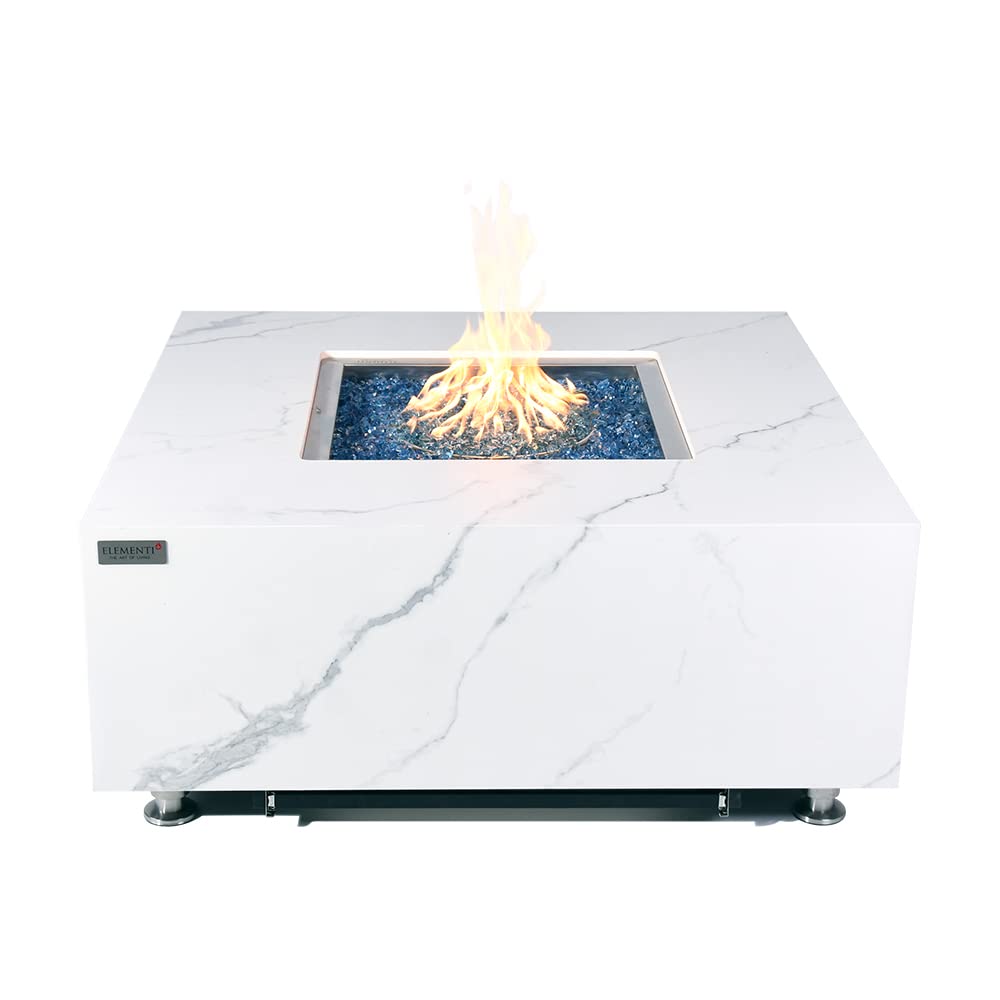 Bianco Marble Fire Pit 39.4" x 39.4" Outdoor Patio Firepit Includes Fire Glass Modern Fire Pits & Outdoor Fireplaces for Garden, Deck, Indoor & Outdoor Heating