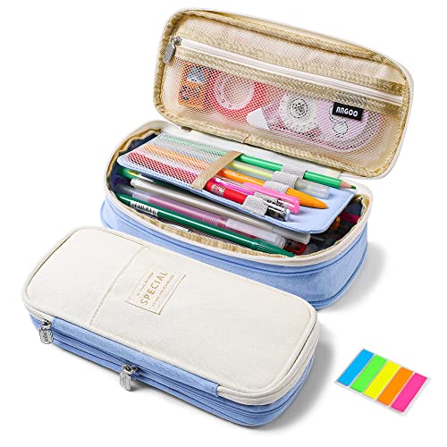 Teuki Large Pencil Case for Girls Boys Adults, Expandable Cute Pencil Case Large Capacity Pencil Pouch Bag for Office School Stationery Organizer Durable Pencil Cases with Sticky Notes, Beige Blue
