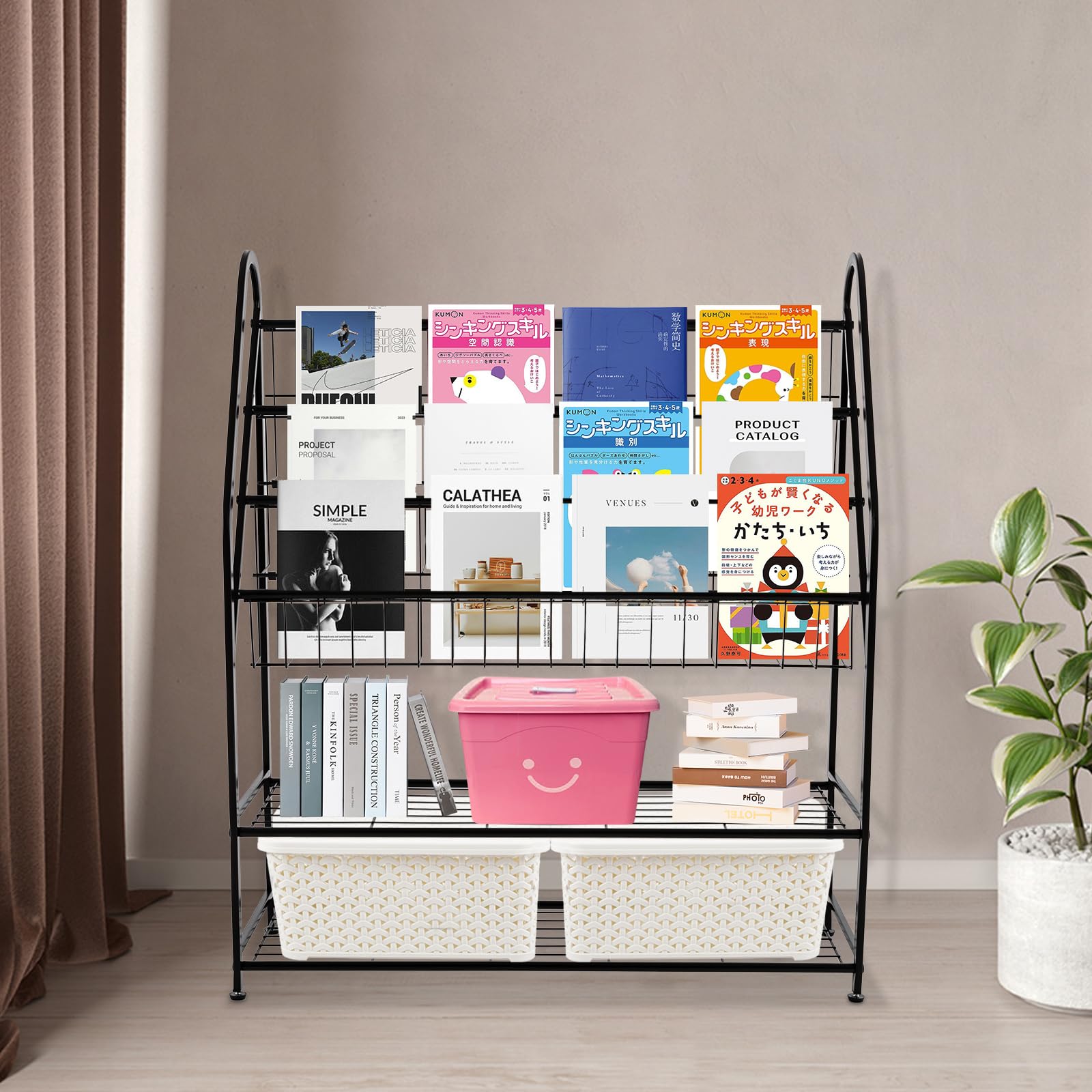 TTONSUE Kids Bookshelf Freestanding for Children Room Large Black Metal Bookcase Large Capacity Books Toys Organizer for Bookstore Library