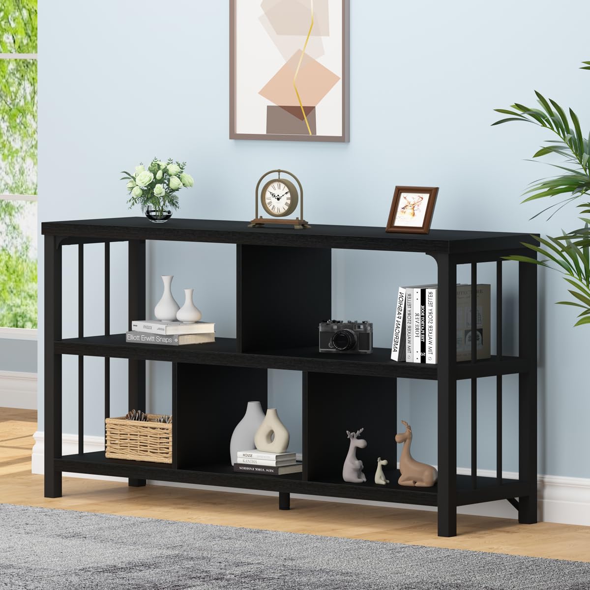 IBF Horizontal Cube Book shelf, Industrial Modern Open Bookshelf, Low Wide Home 5 Cube Storage Organizer Long Shelf for Bedroom, Short Wood and Metal Cubby Book Shelf for Living Room, Black Oak, 47 In