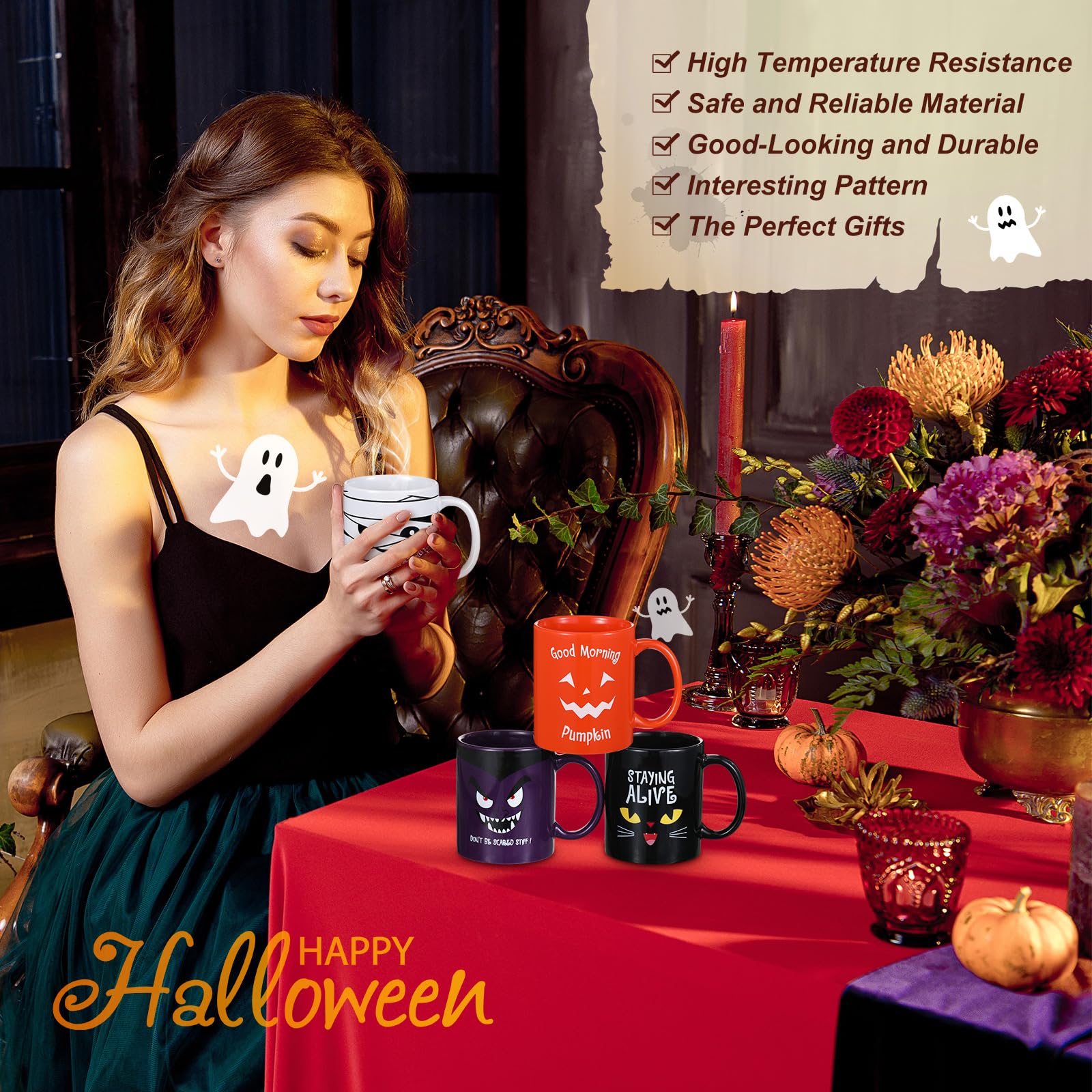 Lallisa 6 Pieces Halloween Mug Set 13 oz Pumpkins Cats Ghosts Ceramic Coffee Matching Mugs for Halloween Home Office Table Kitchen Decoration
