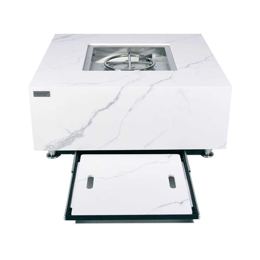 Bianco Marble Fire Pit 39.4" x 39.4" Outdoor Patio Firepit Includes Fire Glass Modern Fire Pits & Outdoor Fireplaces for Garden, Deck, Indoor & Outdoor Heating