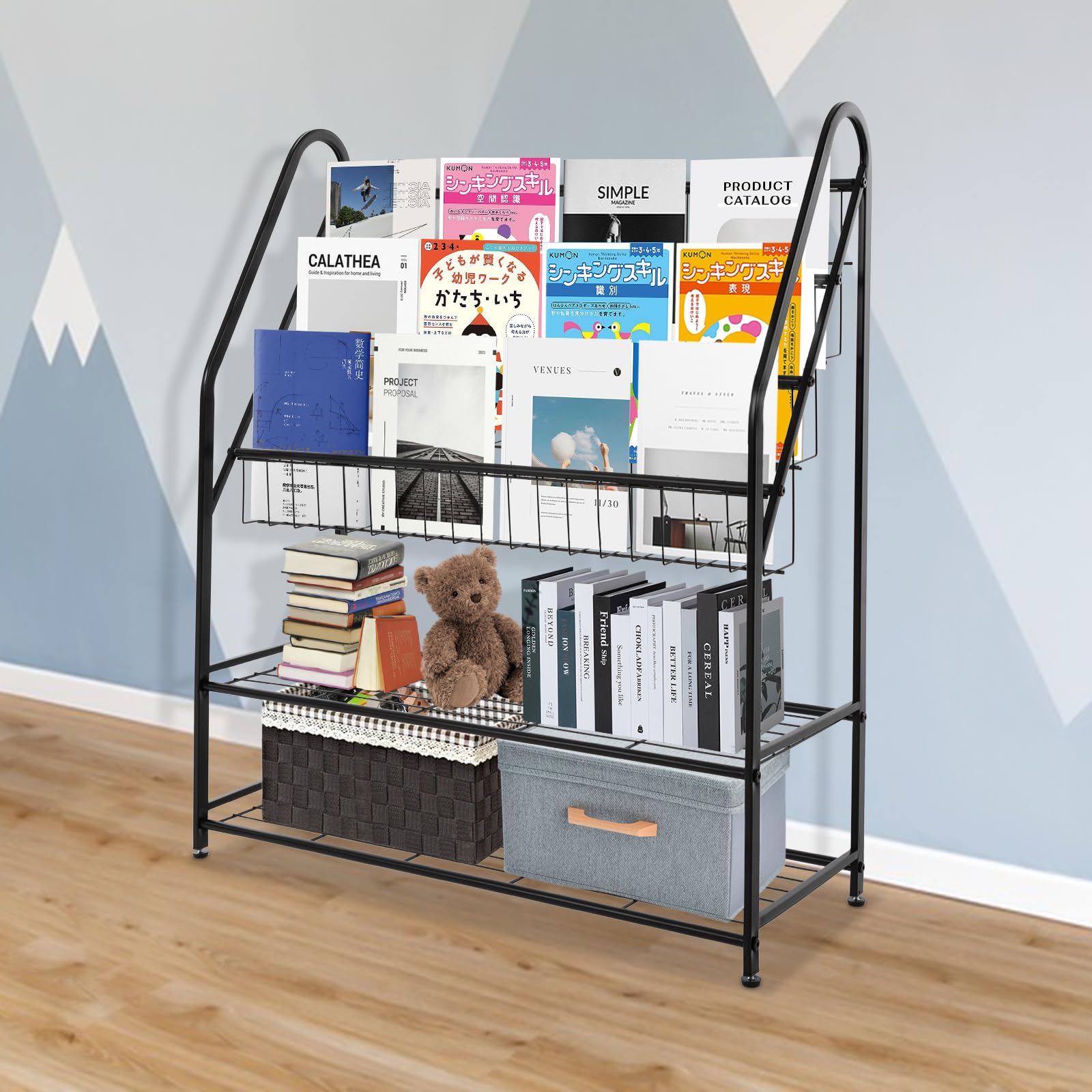 TTONSUE Kids Bookshelf Freestanding for Children Room Large Black Metal Bookcase Large Capacity Books Toys Organizer for Bookstore Library