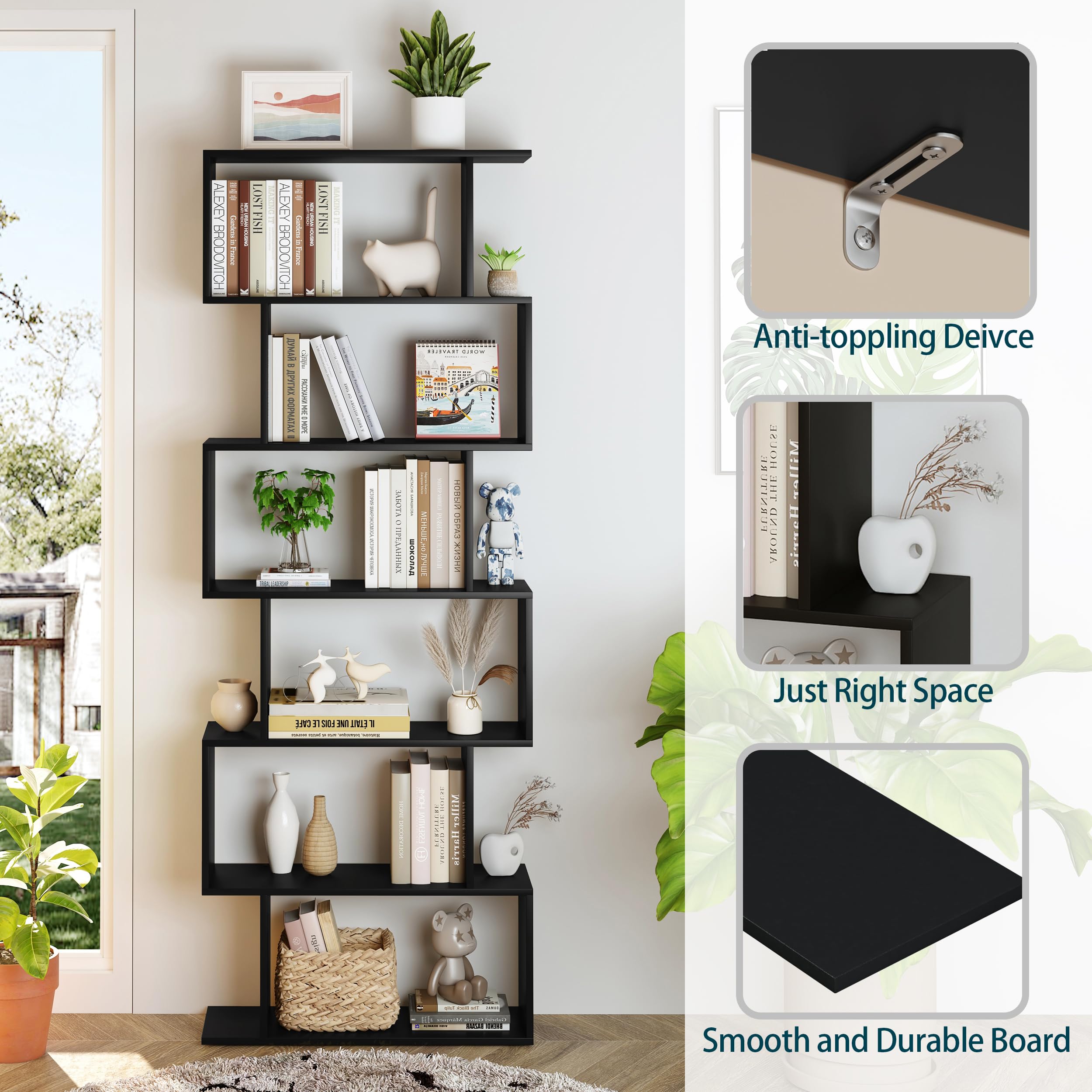Yusong Bookshelf 6-Tier, Geometric Bookcase S Shaped Book Shelves for Bedroom, Modern Wood Decorative Display Shelf Tall Book Case for Home Office, Black