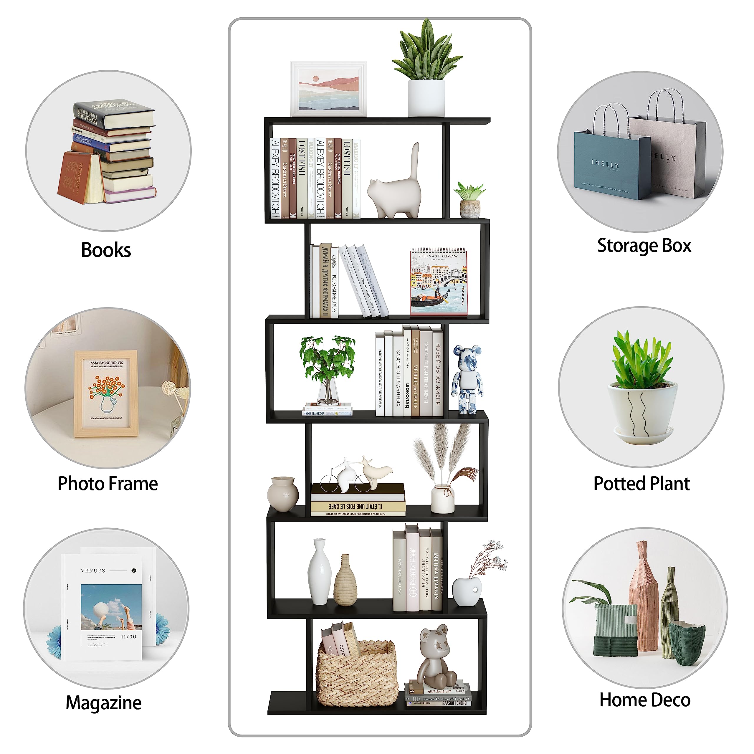 Yusong Bookshelf 6-Tier, Geometric Bookcase S Shaped Book Shelves for Bedroom, Modern Wood Decorative Display Shelf Tall Book Case for Home Office, Black
