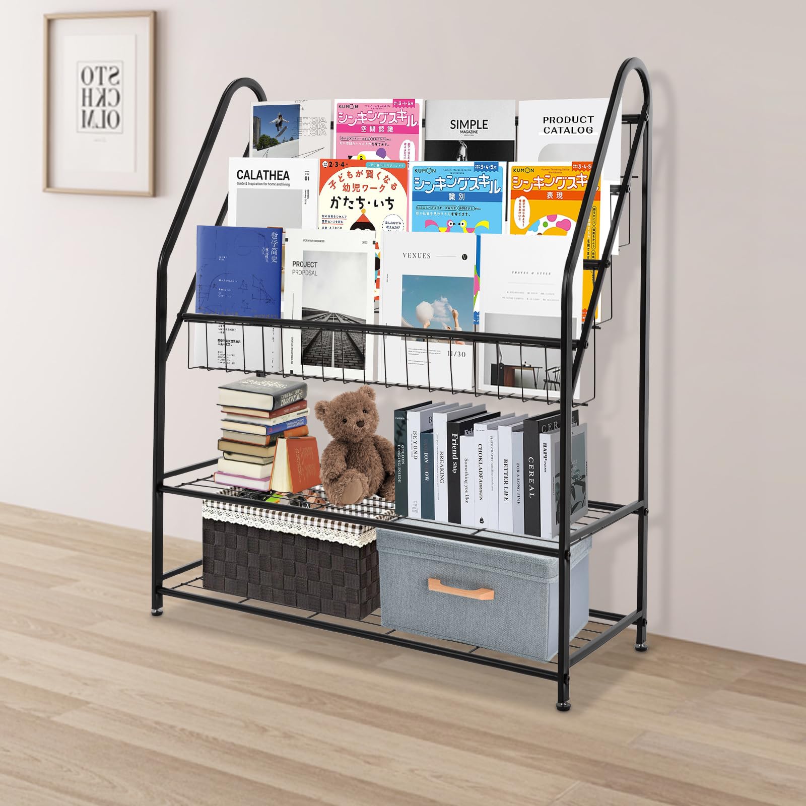 TTONSUE Kids Bookshelf Freestanding for Children Room Large Black Metal Bookcase Large Capacity Books Toys Organizer for Bookstore Library