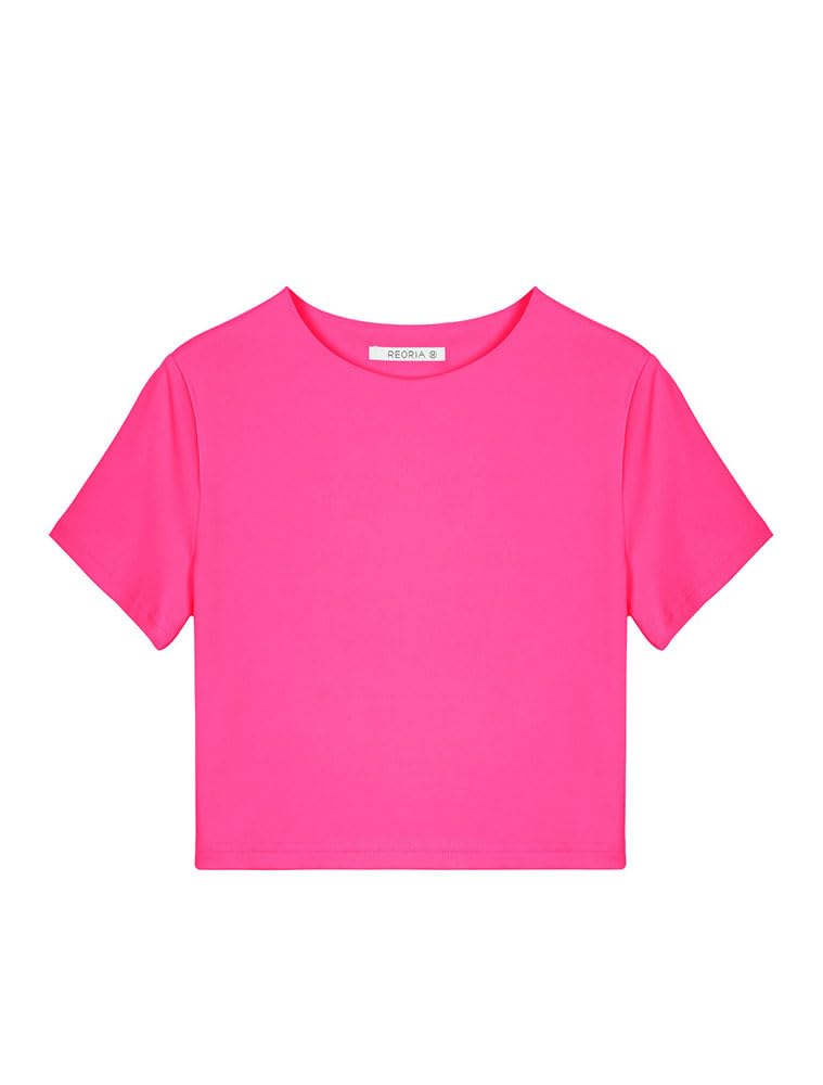 Women's Summer Cute Short Sleeve High Neck Double Lined Tight Casual Basic T Shirts Yoga Crop Tops Tees Neon Rose Red Large