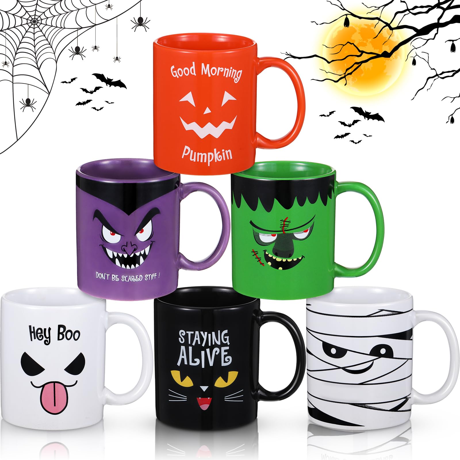 Lallisa 6 Pieces Halloween Mug Set 13 oz Pumpkins Cats Ghosts Ceramic Coffee Matching Mugs for Halloween Home Office Table Kitchen Decoration