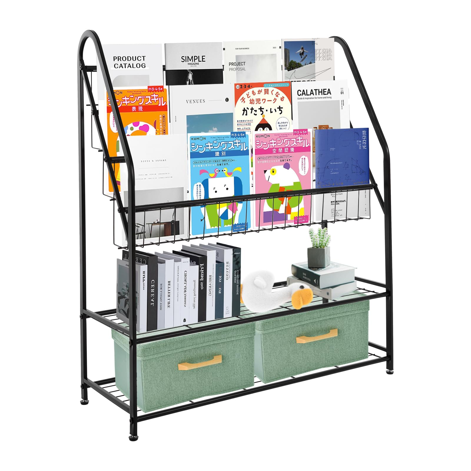 TTONSUE Kids Bookshelf Freestanding for Children Room Large Black Metal Bookcase Large Capacity Books Toys Organizer for Bookstore Library