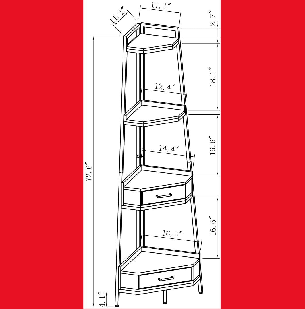 4-Tier Corner Shelf with 2 Drawers, 72.64'' Tall 4-Tier Industrial Bookcase Corner Ladder Shelf with 2 Drawers, Small Bookshelf Rustic Plant Stand Rack Freestanding, Black