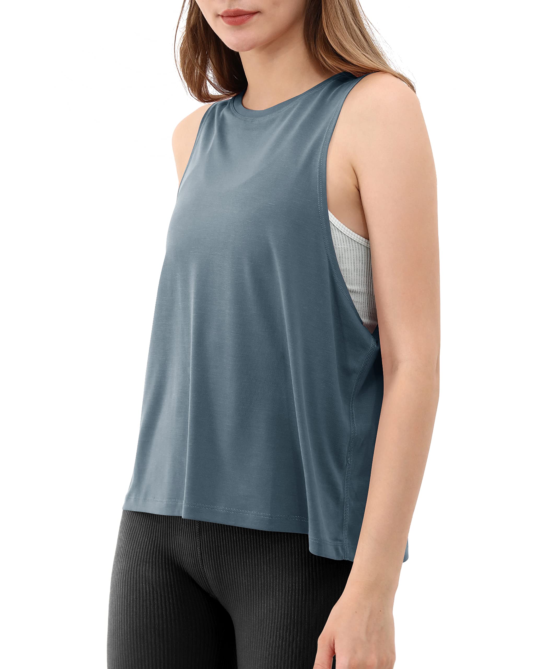 ODODOS 3-Pack Loose Tank Tops for Women Sleeveless Casual Athletic Workout Yoga Shirts, Crepe Pink, Dark Blue, Dark Grey, Medium
