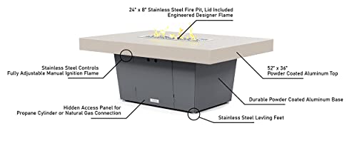 COOKE Palisades Rectangular Fire Pit Table - 52x36 - Chat Height - Natural Gas - Beige Powdercoat Top with 6cm Edge - Beige Powdercoat Base