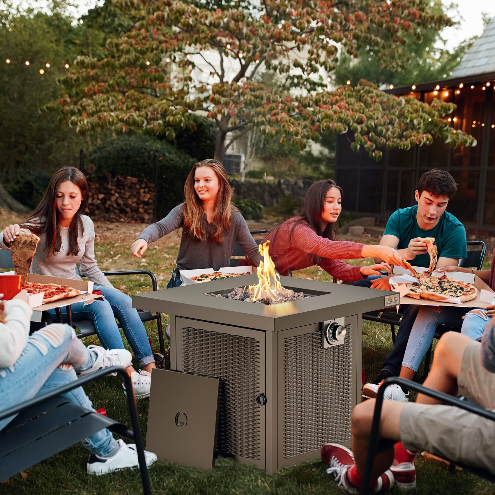Propane Fire Table, Outdoor Fire Pit Table with Lid and Lava Rock, 28" Large Fireplace with Auto-Ignition 50000 BTU, Gas Fire Pits for Patio Garden Backyard, Brown