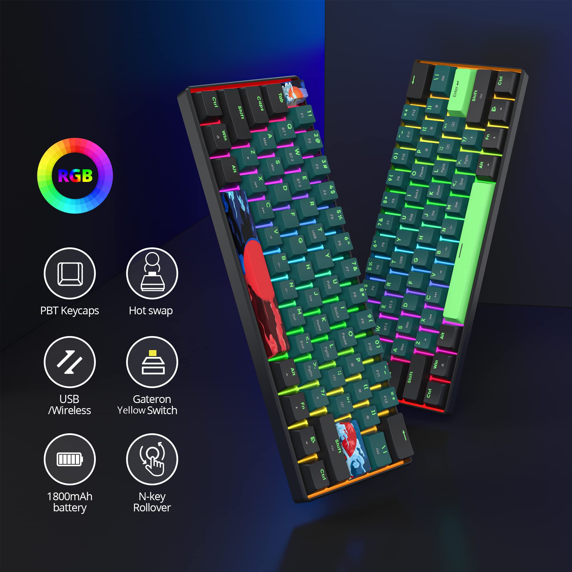 surmen GT61 Wireless 60% Keyboard, Mini RGB Mechanical Gaming Keyboard 60 Percent Hot-Swappable with Linear Gateron Switch Type-C/Bluetooth 5.0 Programmable (Gateron Yellow, Sound Wave 61)