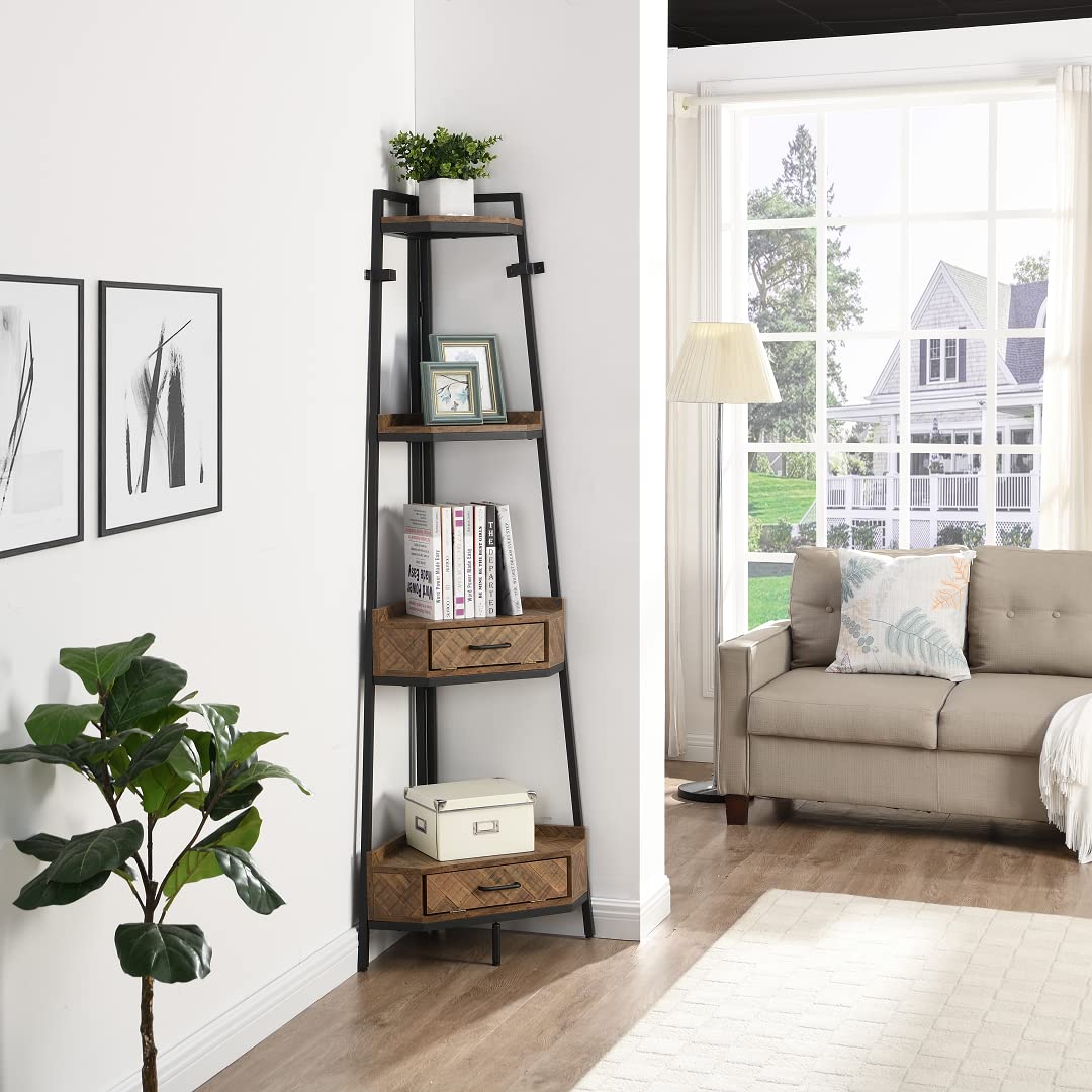 4-Tier Corner Shelf with 2 Drawers, 72.64'' Tall 4-Tier Industrial Bookcase Corner Ladder Shelf with 2 Drawers, Small Bookshelf Rustic Plant Stand Rack Freestanding, Black