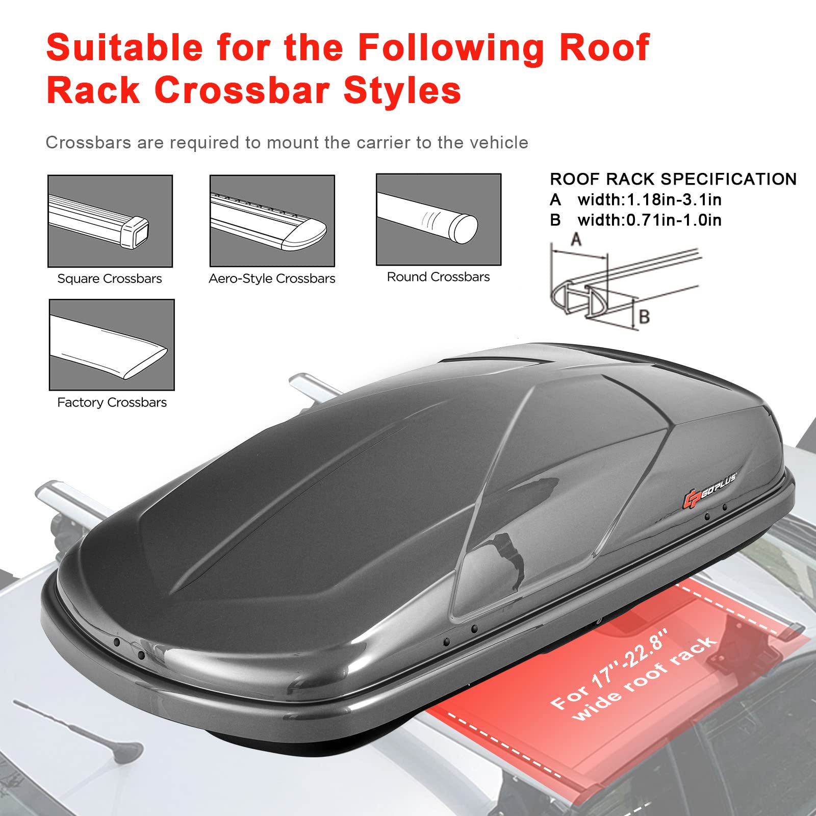 Goplus Rooftop Cargo Carrier Hard Shell, 14 Cubic Feet Waterproof Car Roof Cargo Carrier w/Dual Side Opening, Security Key, 165LBS Capacity, for 17β to 22.8β Wide Crossbar Rack, Vehicle Cargo Box