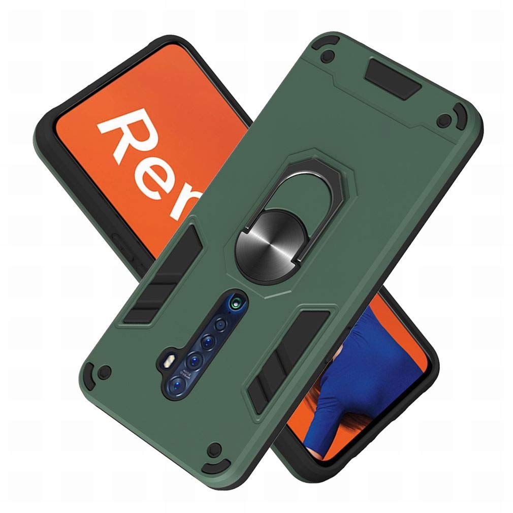 LEMORRY Case Compatible with Oppo Reno2 Case, Armor Cover Dual Layer Soft TPU Silicone + Hard PC Shell with 2in1 Ring-Stand & Car Holder, Shockproof Slim Fit Case Cover for Oppo Reno2, Green