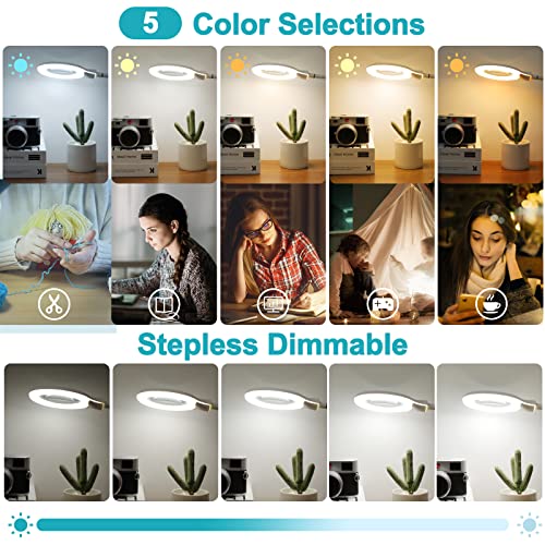 TOMSOO 5X Magnifying Glass with Light and Clamp, 5 Color Modes Stepless Dimmable Lighted Magnifier with Stand, Flexible Gooseneck LED Desk Lamp Hands Free for Craft Painting Hobby Close Work