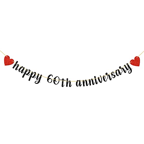 WeBenison Glitter Happy 60th Anniversary Banner, 60th Wedding Anniversary Party Banner Decor, 60th Anniversary Party Decorations Black & Red