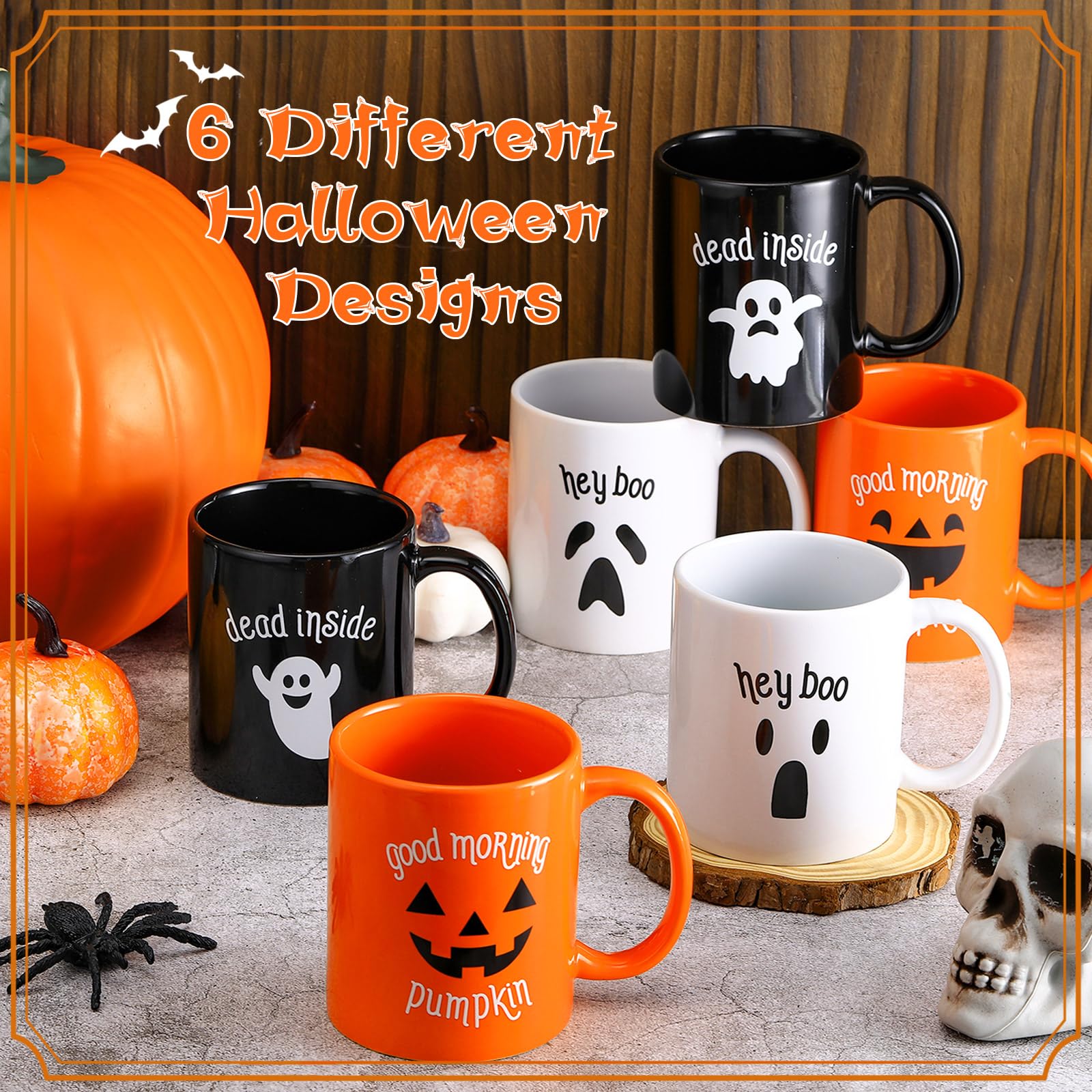 Uiifan 6 Pcs Halloween Mugs 10.8oz Good Morning Pumpkin and Hey Boo Coffee Mugs Good Morning Pumpkin and Hey Boo Ghost Ceramic Matching Mugs for Halloween