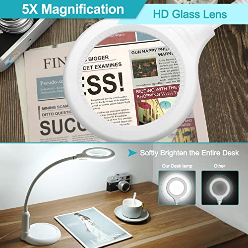 TOMSOO 5X Magnifying Glass with Light and Clamp, 5 Color Modes Stepless Dimmable Lighted Magnifier with Stand, Flexible Gooseneck LED Desk Lamp Hands Free for Craft Painting Hobby Close Work