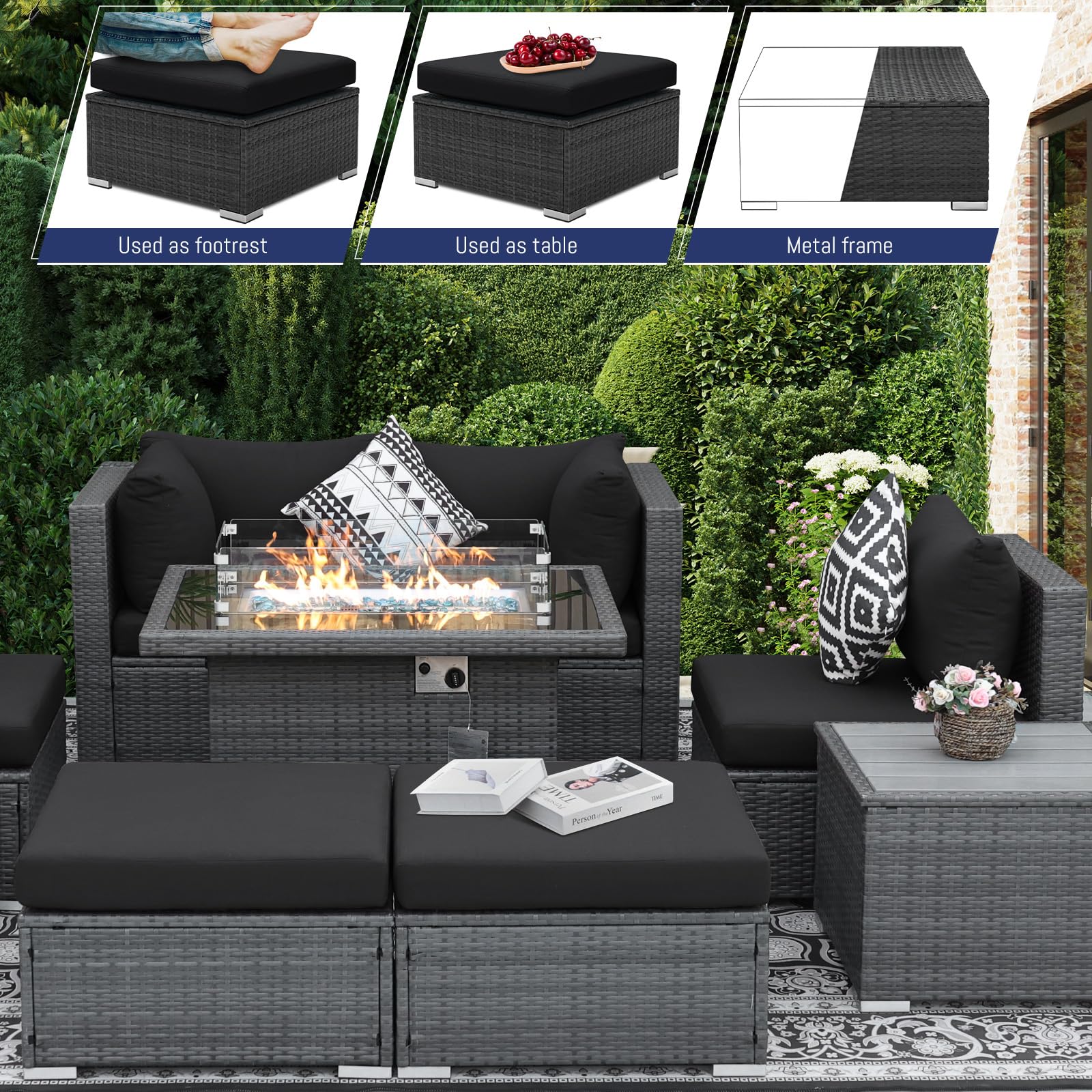 BULEXYARD Large High Back Grey Rattan Patio Furniture Set with Propane/Gas Fire Pit Table, Luxury Deep Wide Seat Outdoor Sectional Sofa, Modern Wicker Modular Conversation Couch (7Pcs, Black)