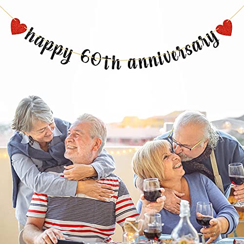 WeBenison Glitter Happy 60th Anniversary Banner, 60th Wedding Anniversary Party Banner Decor, 60th Anniversary Party Decorations Black & Red