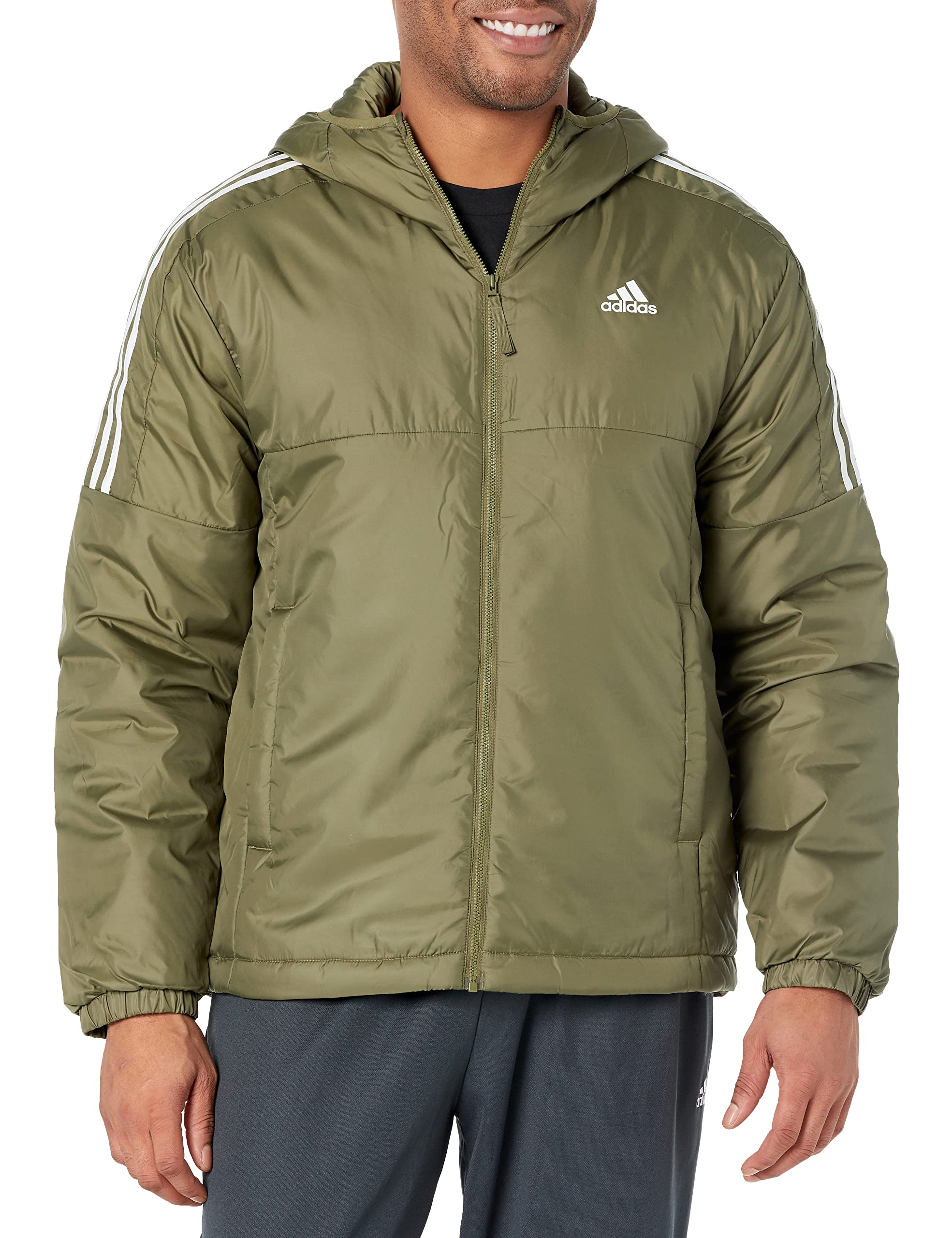 adidas Men's Essentials Insulated Hooded Jacket, Focus Olive, Large