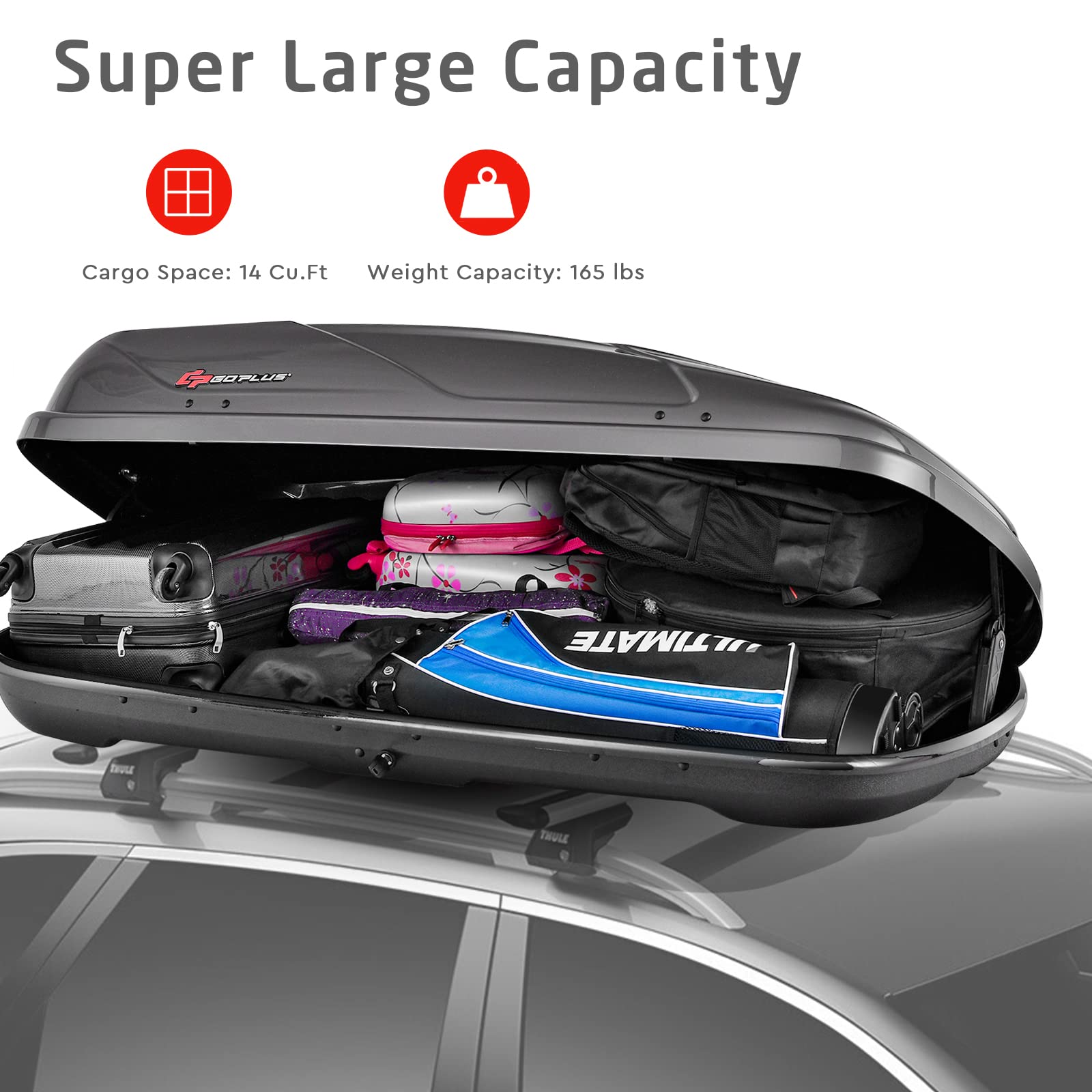 Goplus Rooftop Cargo Carrier Hard Shell, 14 Cubic Feet Waterproof Car Roof Cargo Carrier w/Dual Side Opening, Security Key, 165LBS Capacity, for 17β to 22.8β Wide Crossbar Rack, Vehicle Cargo Box