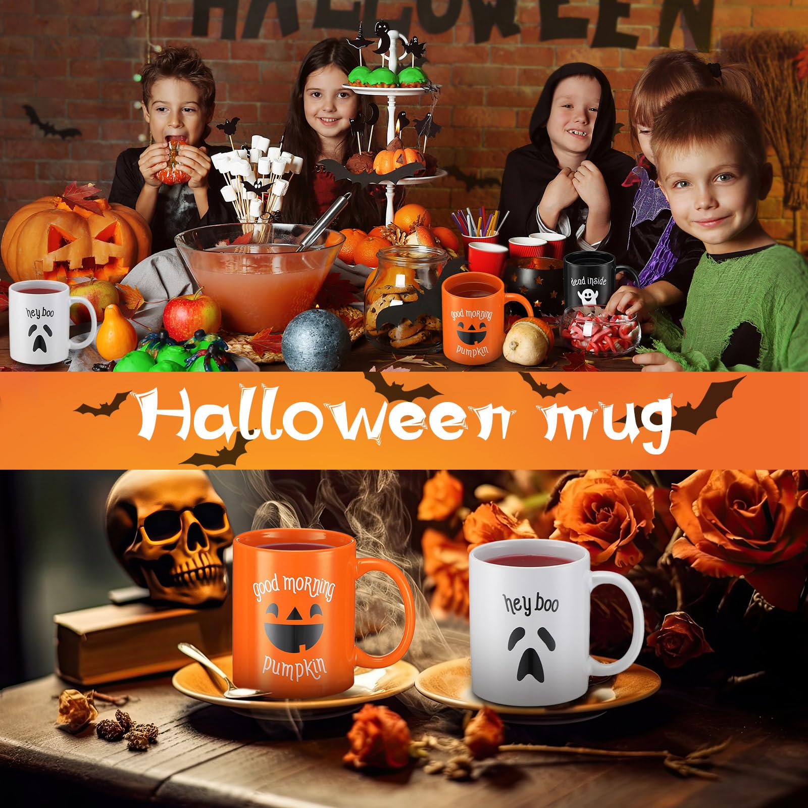 Uiifan 6 Pcs Halloween Mugs 10.8oz Good Morning Pumpkin and Hey Boo Coffee Mugs Good Morning Pumpkin and Hey Boo Ghost Ceramic Matching Mugs for Halloween