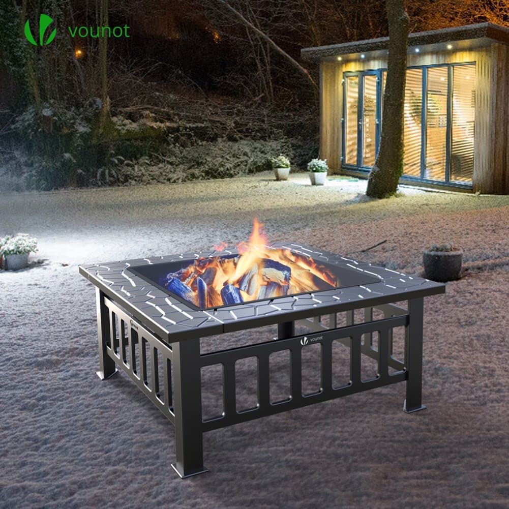 VOUNOT 3 in 1 Metal Square Firepit 32 inch Heavy Duty Fire Pit Table Outside Wood Burning Fire Pits with Spark Screen Lit and Rain Cover for Camping Garden Patio, Black
