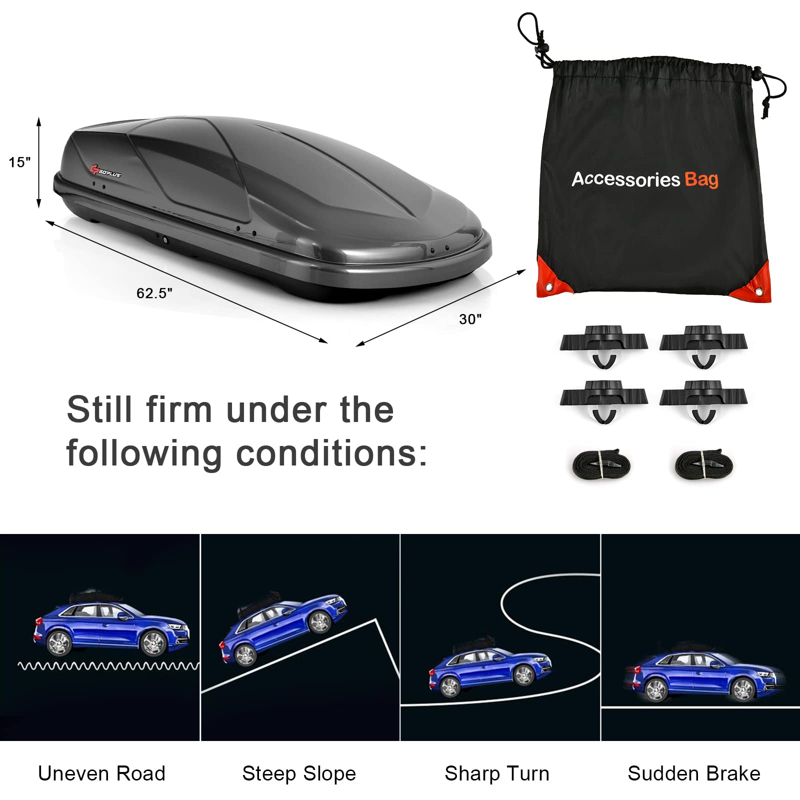 Goplus Rooftop Cargo Carrier Hard Shell, 14 Cubic Feet Waterproof Car Roof Cargo Carrier w/Dual Side Opening, Security Key, 165LBS Capacity, for 17β to 22.8β Wide Crossbar Rack, Vehicle Cargo Box