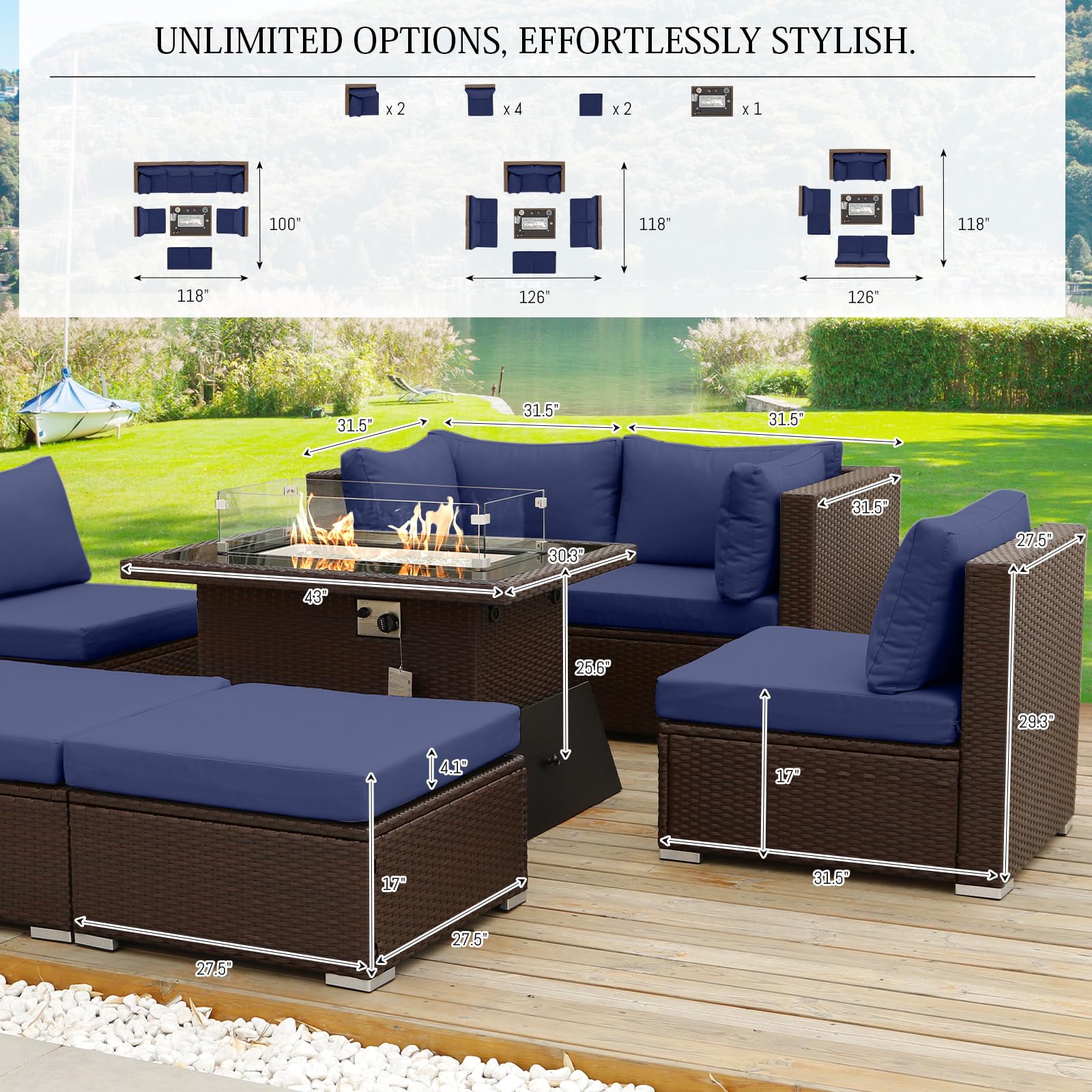BULEXYARD High Back Brown PE Rattan Outdoor Patio Furniture Set with Propane Fire Pit Table, Large Wicker Outside Sectional Furniture Sofa Conversation Sets for Backyard(Navy Blue, 9Pcs)