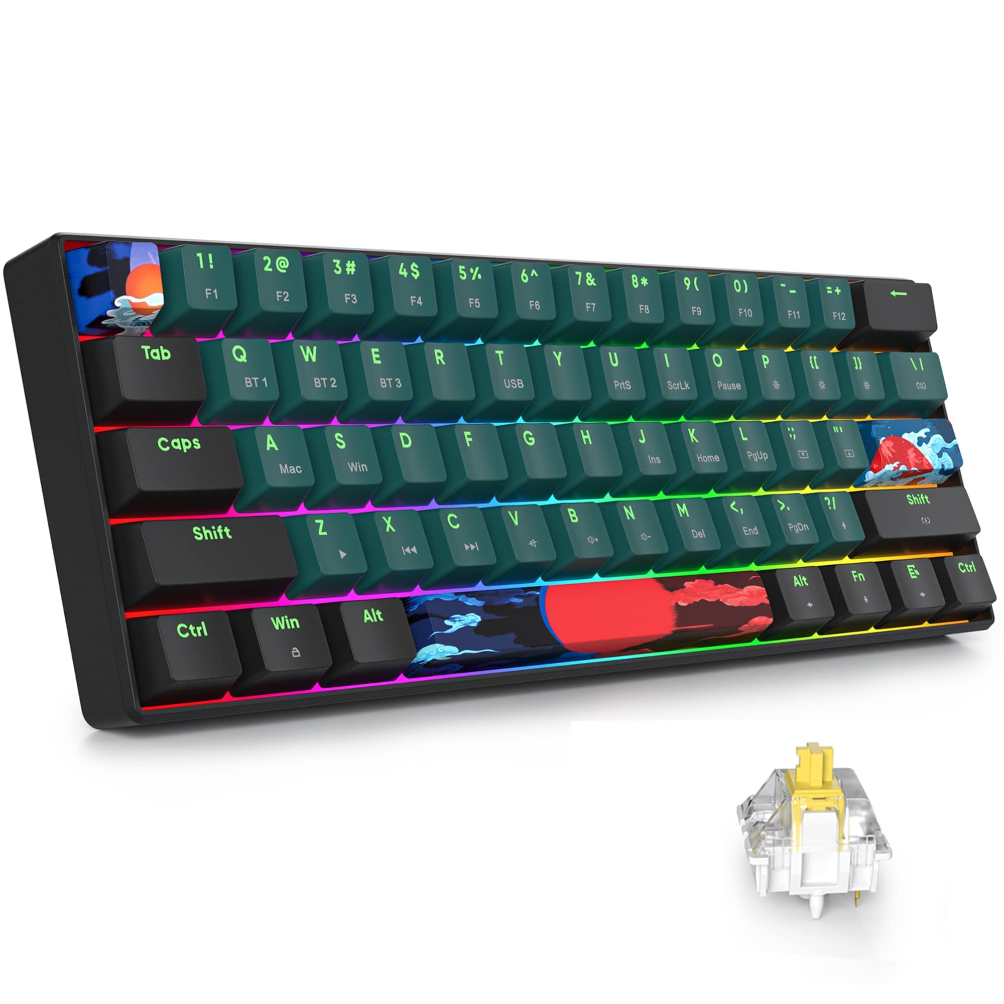 surmen GT61 Wireless 60% Keyboard, Mini RGB Mechanical Gaming Keyboard 60 Percent Hot-Swappable with Linear Gateron Switch Type-C/Bluetooth 5.0 Programmable (Gateron Yellow, Sound Wave 61)